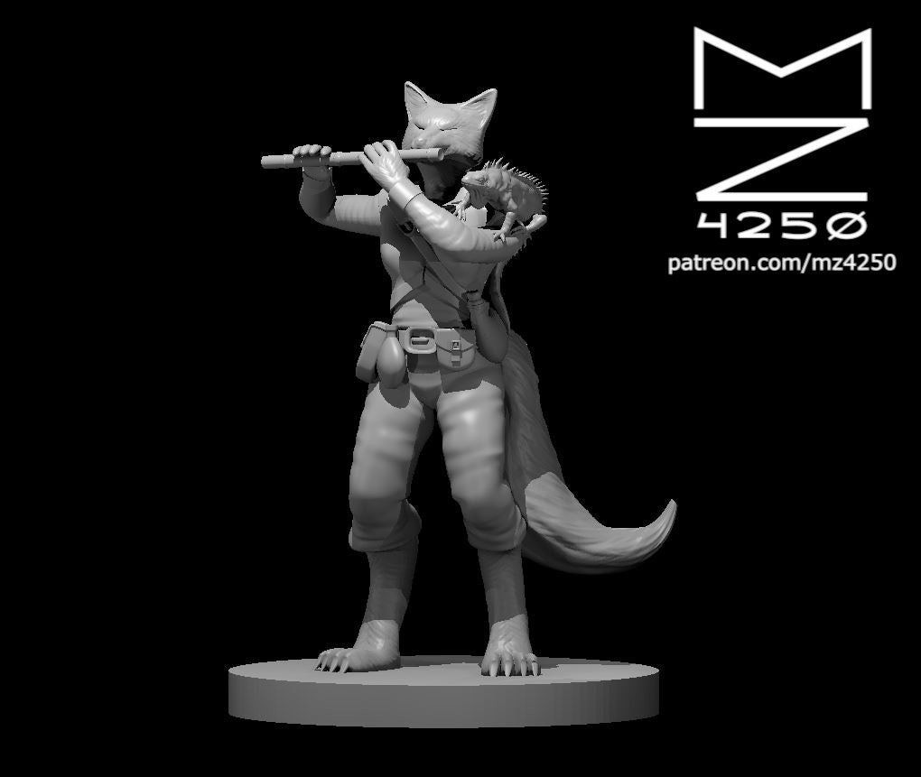 Dungeons & Dragons Kitsune Female Bard with Flute and Lizard Miniature ...